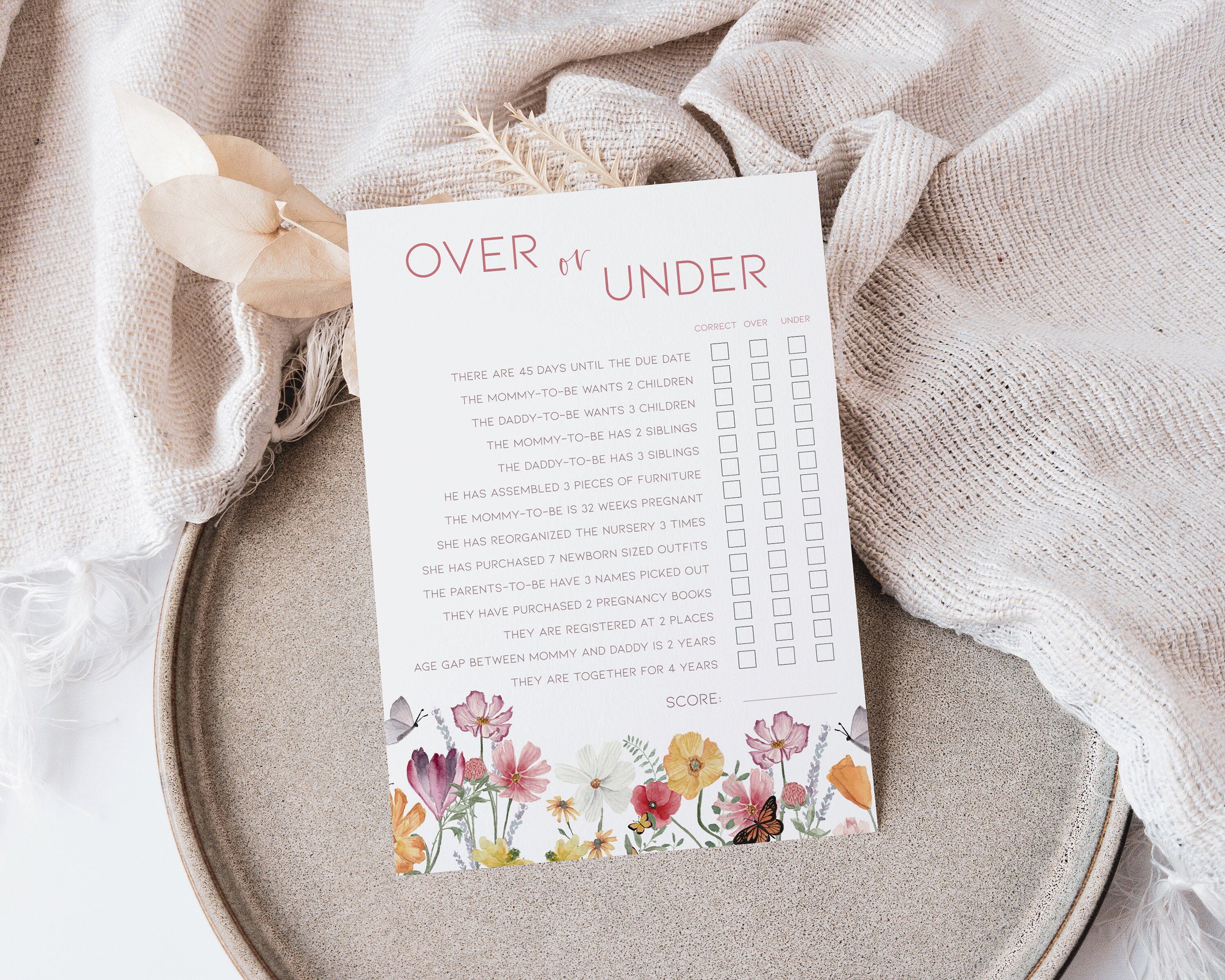 Baby in Bloom Baby Shower Games Over or Under, Wildflower Shower Game ...