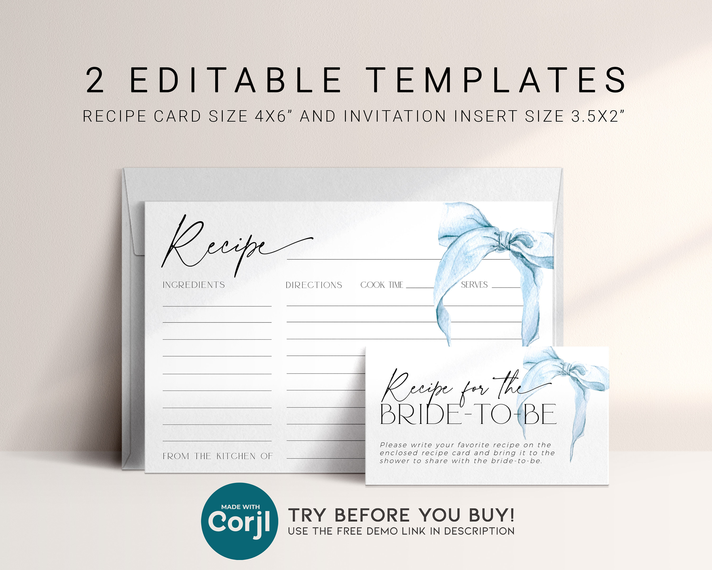 Blue Bow Recipe Card Template Bridal Shower Invitation, Editable She's ...