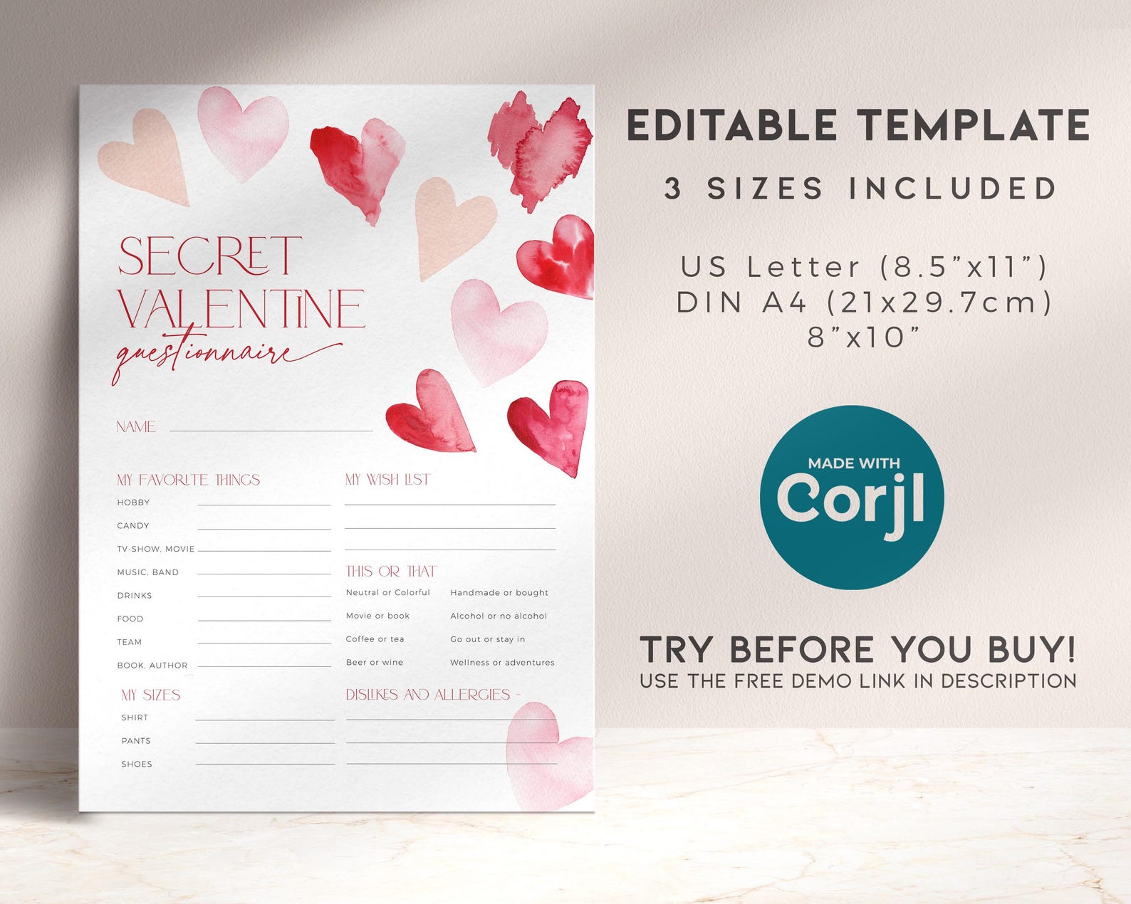 Secret Sister Survey Template, Heart Valentines Cupid Party Gift ...