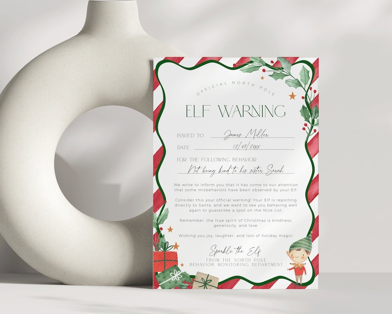 Elf Warning Letter PRINTABLE, Red Elf Boy Report Card Digital Download ...