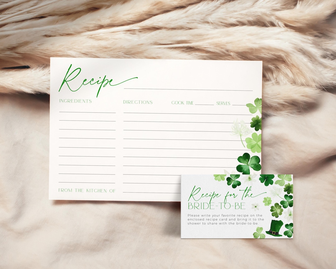 Green St Patricks Day Recipe Card Template, Irish Bridal Shower ...