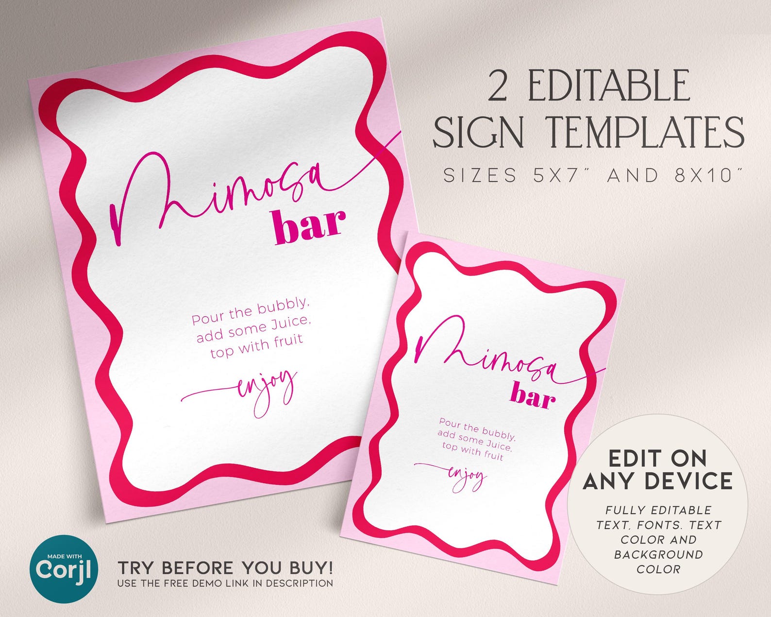 Hot Pink Wavy Border Mimosa Bar Sign Bridal Shower, Modern Baby Party ...