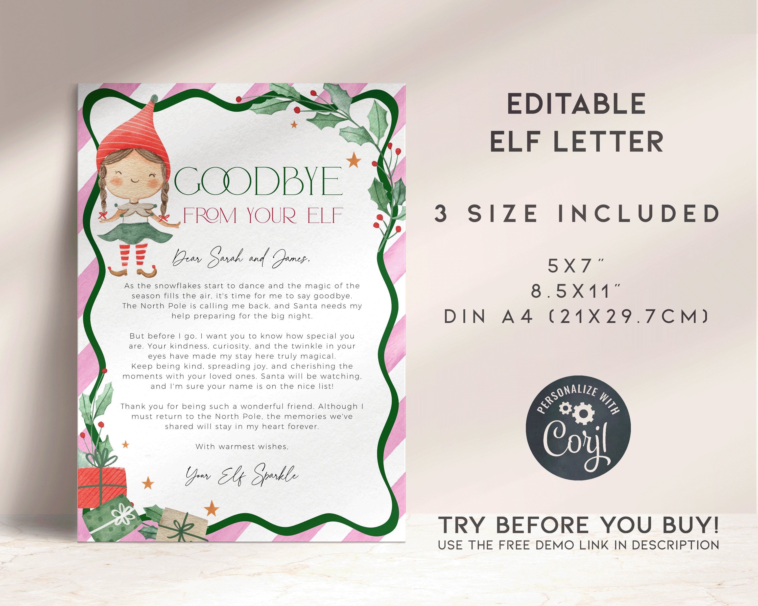 Goodbye Elf Letter PRINTABLE, Pink Goodbye From Your Elf Girl Card ...