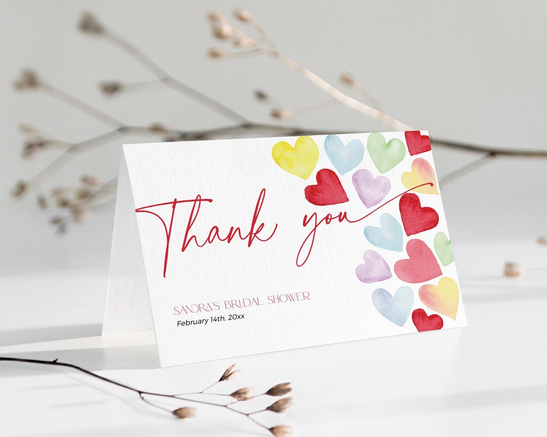 Retro Valentine Thank You Card Bridal Shower, Colorful Blue Hearts Note ...