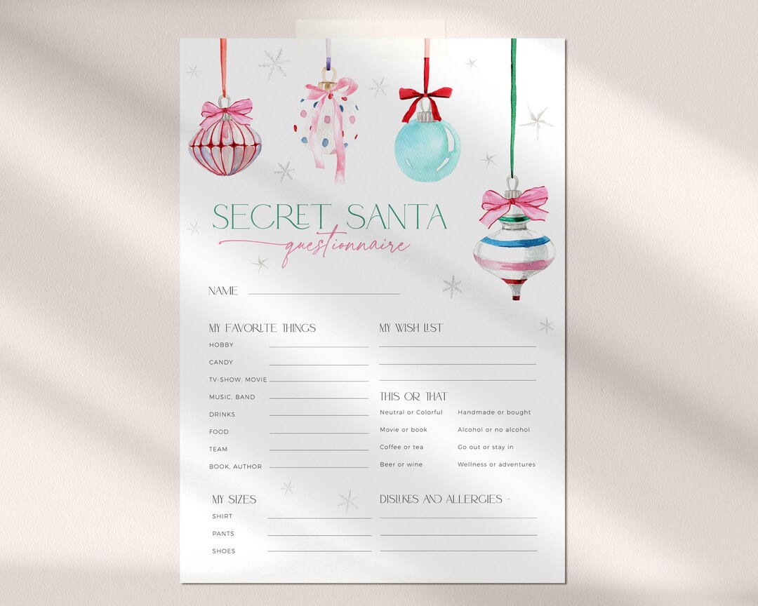 Pink Ornament Secret Sister Survey, Christmas Bow Santa Party Gift ...