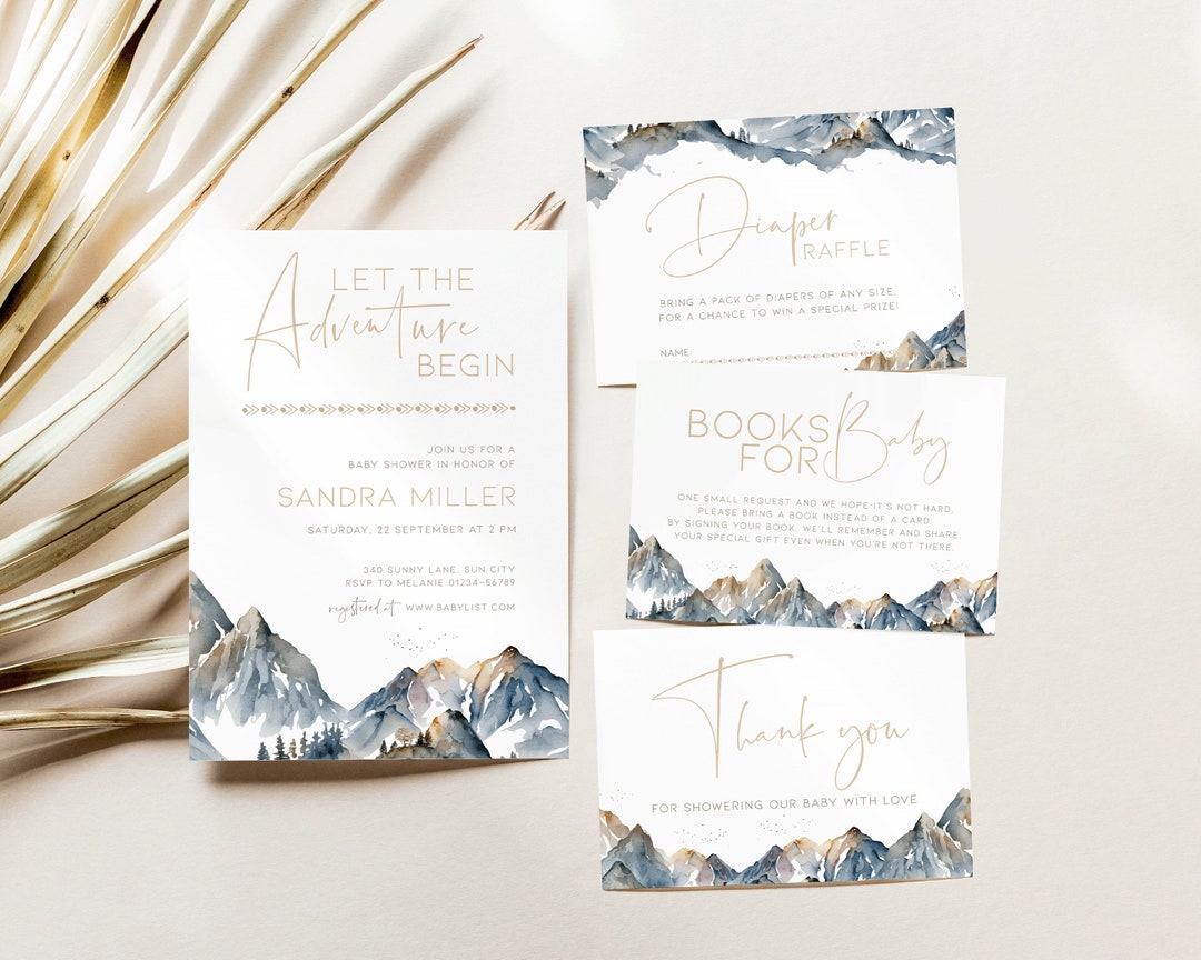 Adventure Awaits Baby Shower Invites Set Forest, Mountain Themed Baby ...