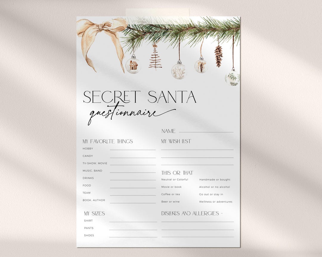 Secret Sister Survey Template, Christmas Bow Santa Party Gift Exchange ...
