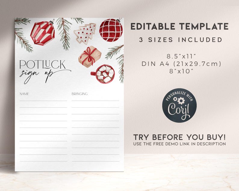 Christmas Potluck Sign up Sheet Template, Printable Xmas Dinner Food ...