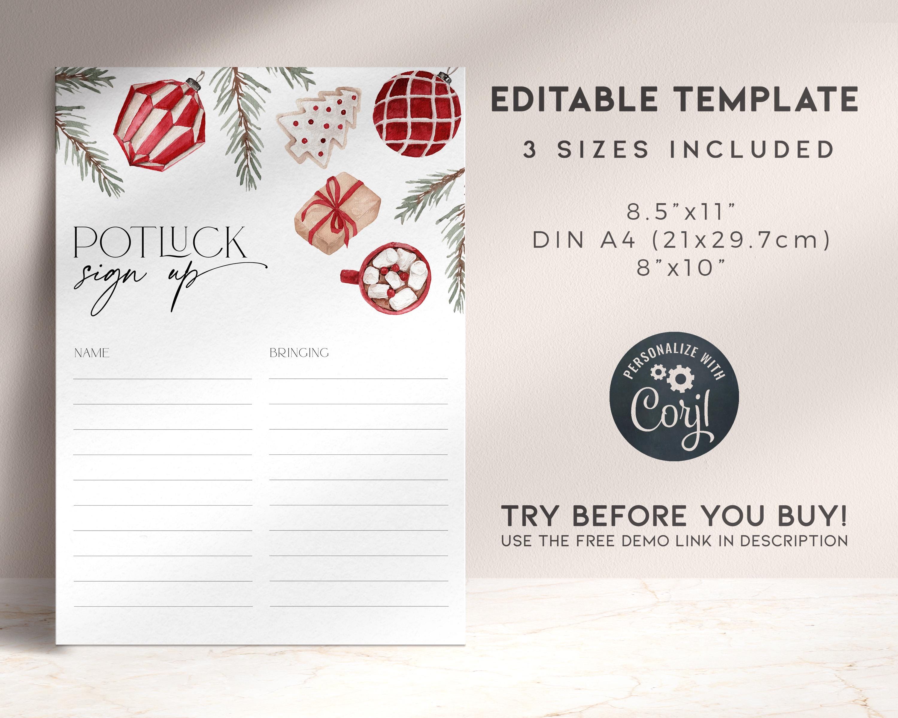 Christmas Potluck Sign up Sheet Template, Printable Xmas Dinner Food ...