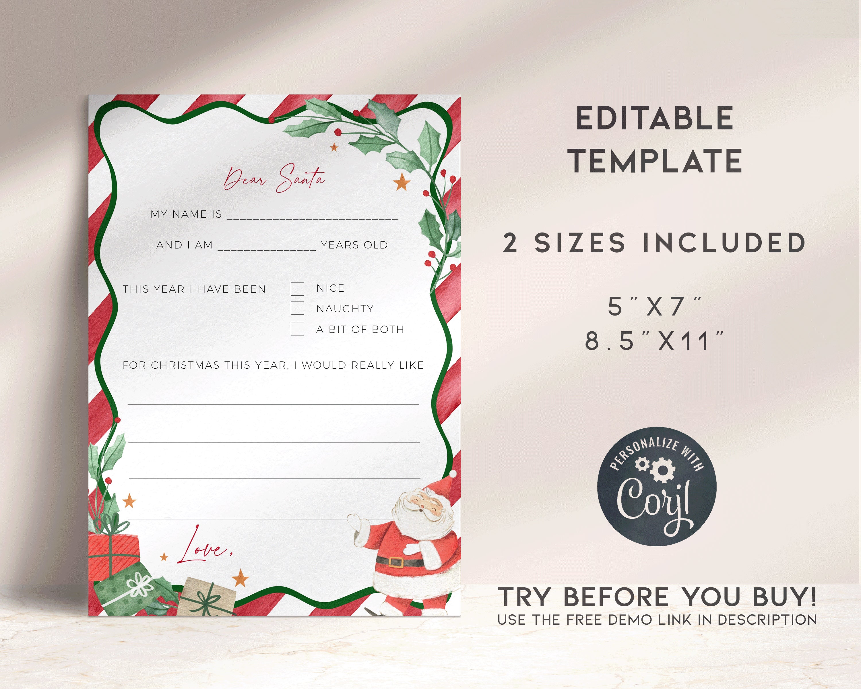Letter to Santa Wish List PRINTABLE, Kids Holiday Wishes Template ...