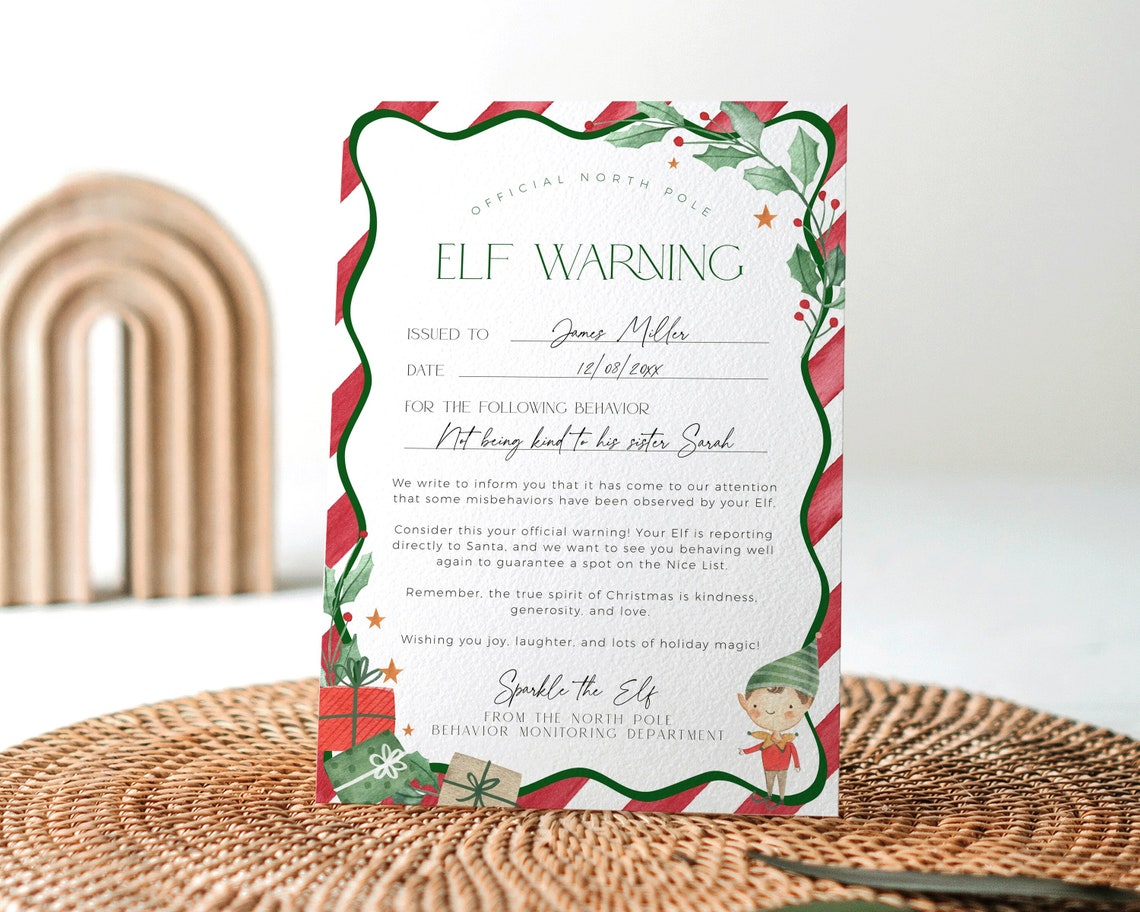 Elf Warning Letter PRINTABLE, Red Elf Boy Report Card Digital Download ...