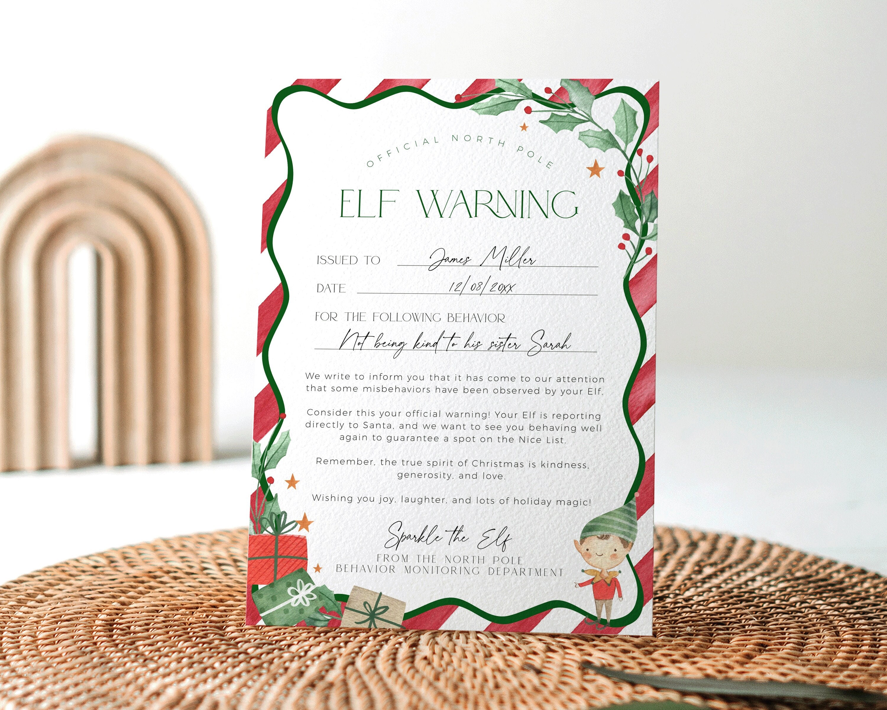 Elf Warning Letter PRINTABLE, Red Elf Boy Report Card Digital Download ...