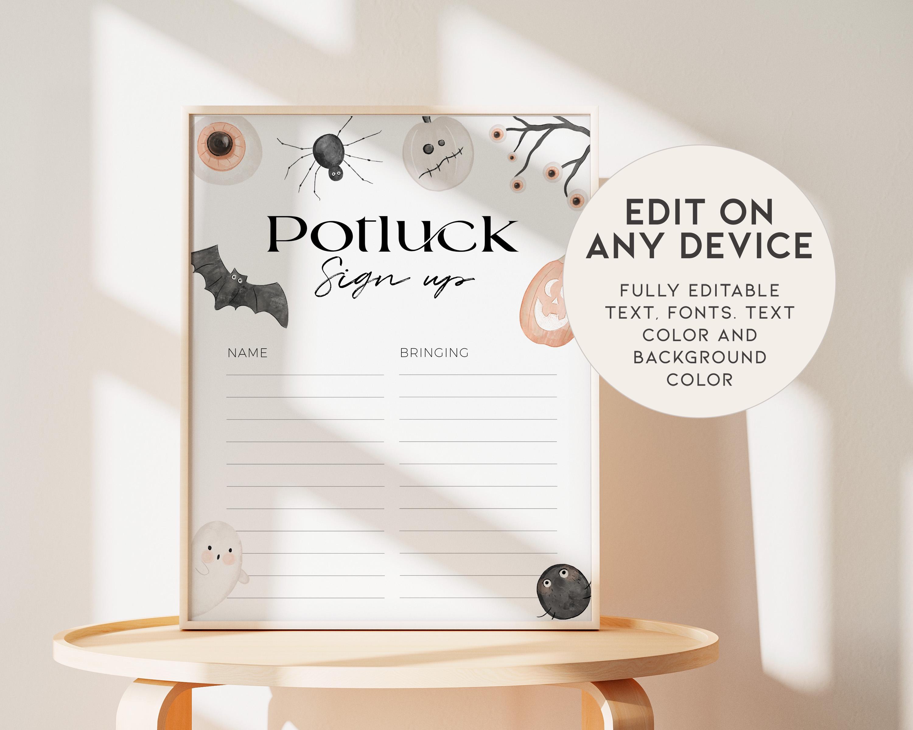 Halloween Potluck Sign-up Sheet Template, Festival Sign up List. Food ...