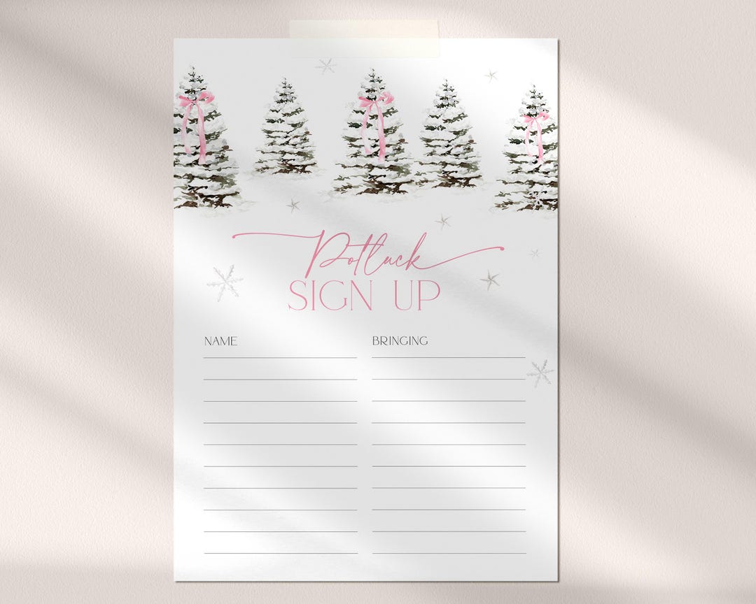 Pink Bow Christmas Potluck Sign up Sheet Template, Editable Xmas Family ...