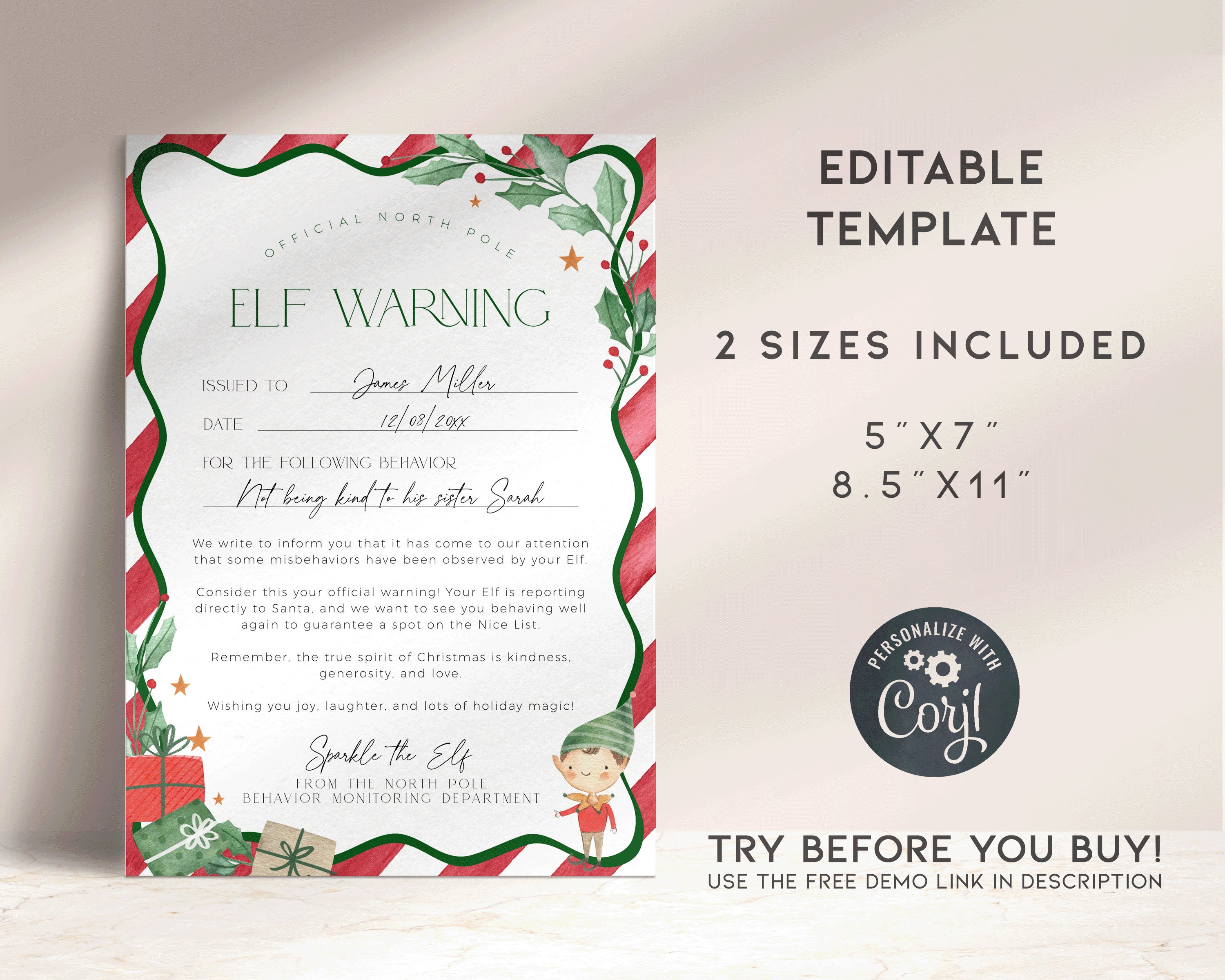 Elf Warning Letter PRINTABLE, Red Elf Boy Report Card Digital Download ...