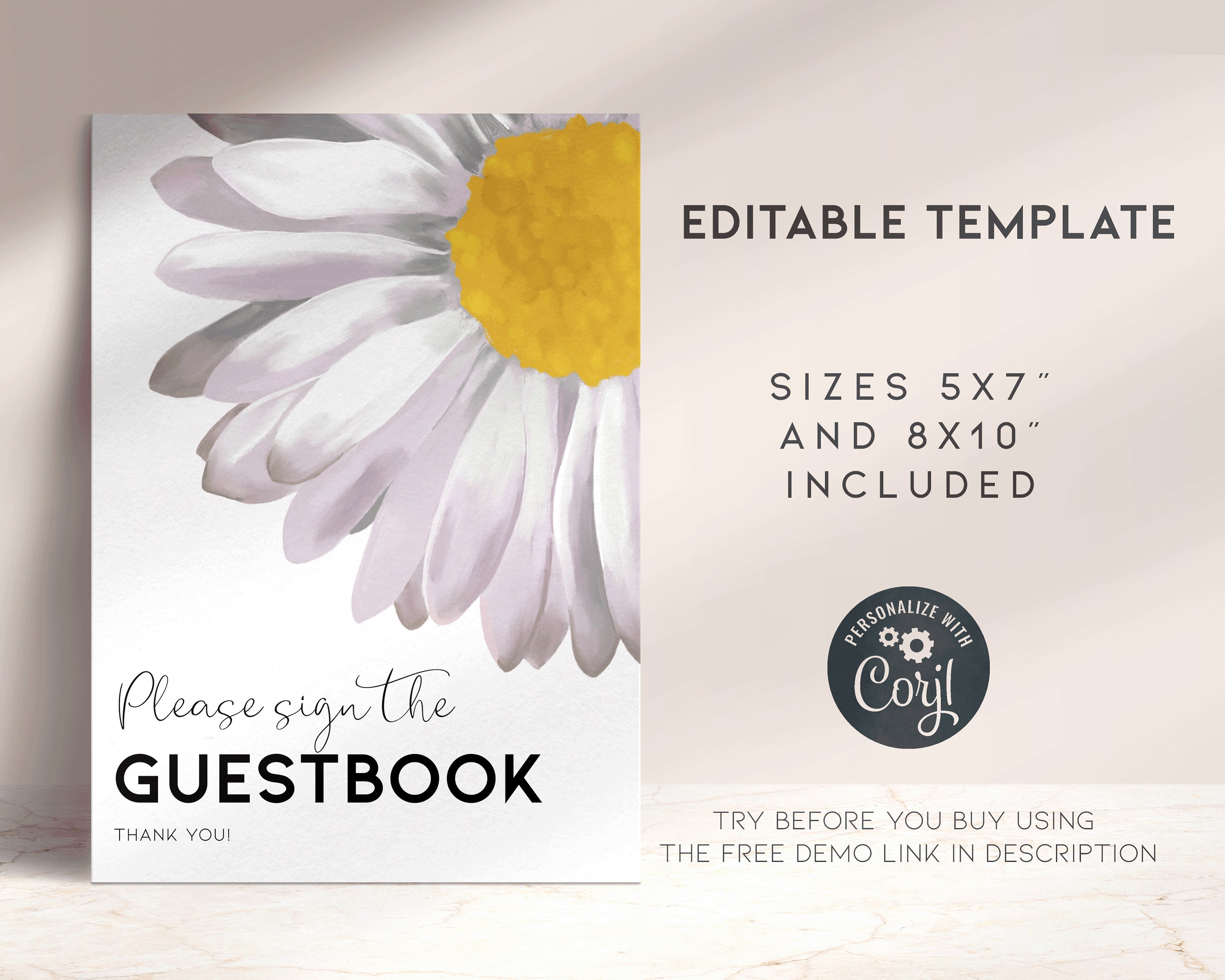 Daisy Editable Guestbook Sign INSTANT DOWNLOAD, Floral Birthday Sign ...