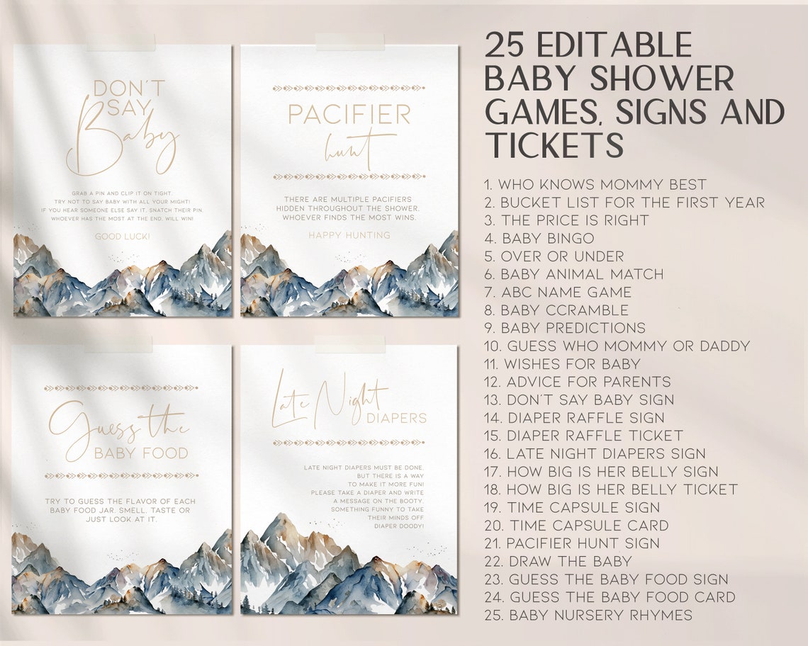 Mountain Themed Baby Shower GAMES BUNDLE Printable, Adventure Awaits ...