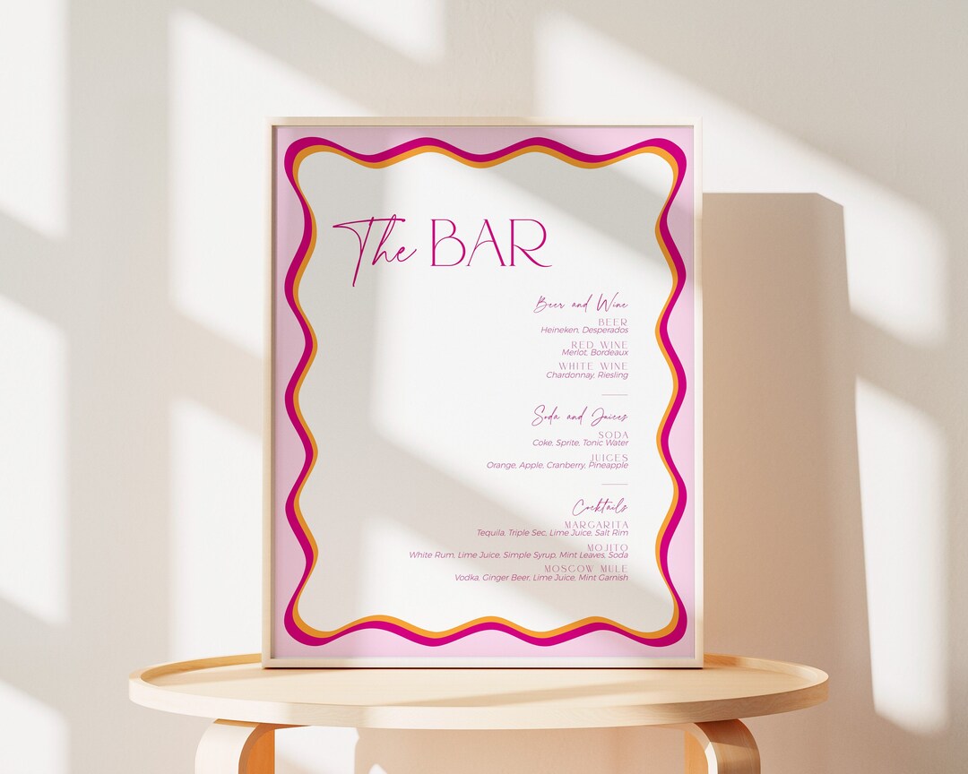 Bar Menu Sign Wavy Border Bridal Shower, Modern Pink Bach Party Drinks ...