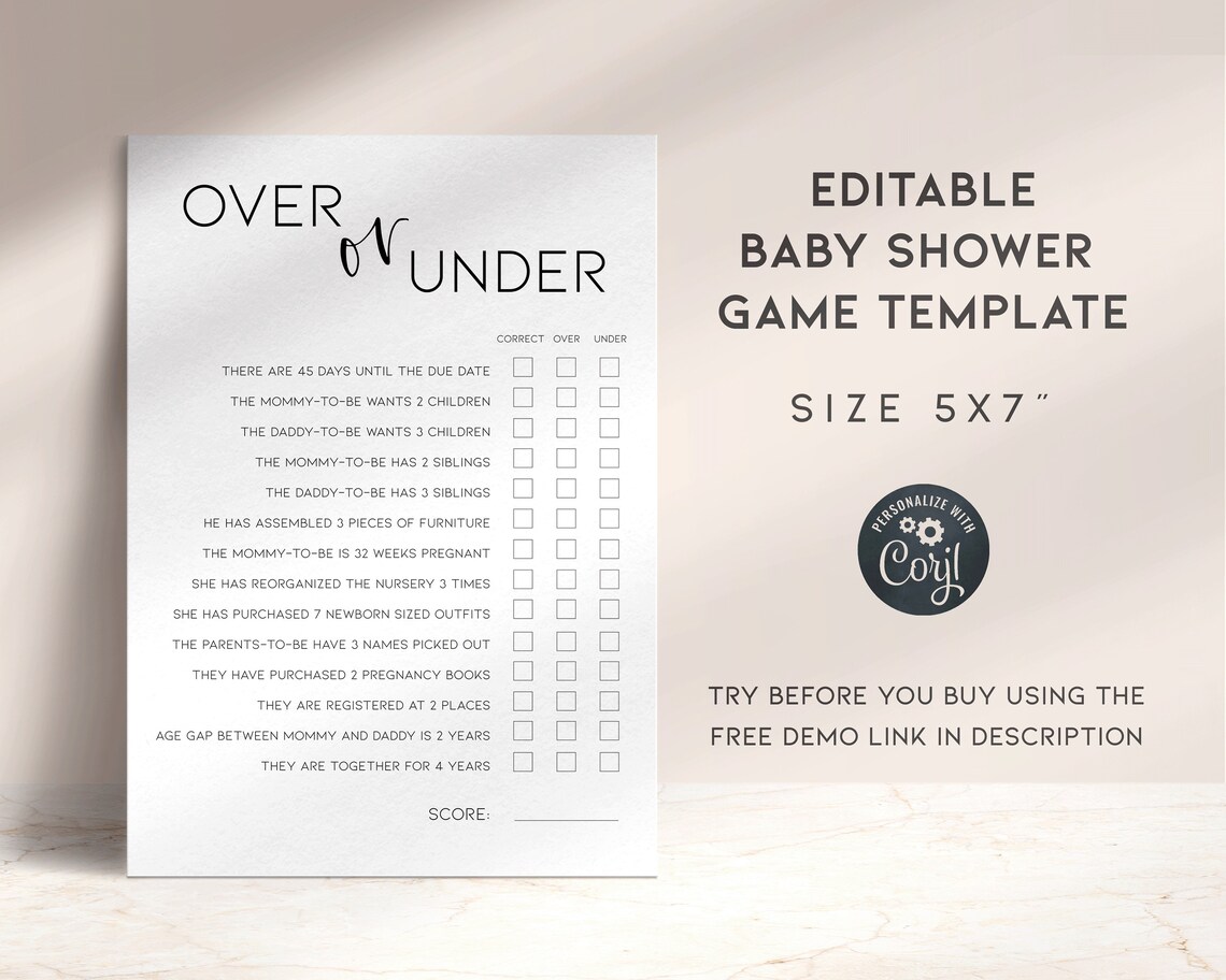 Minimalist Baby Shower Game Over or Under Trivia Printable, Modern Fun ...