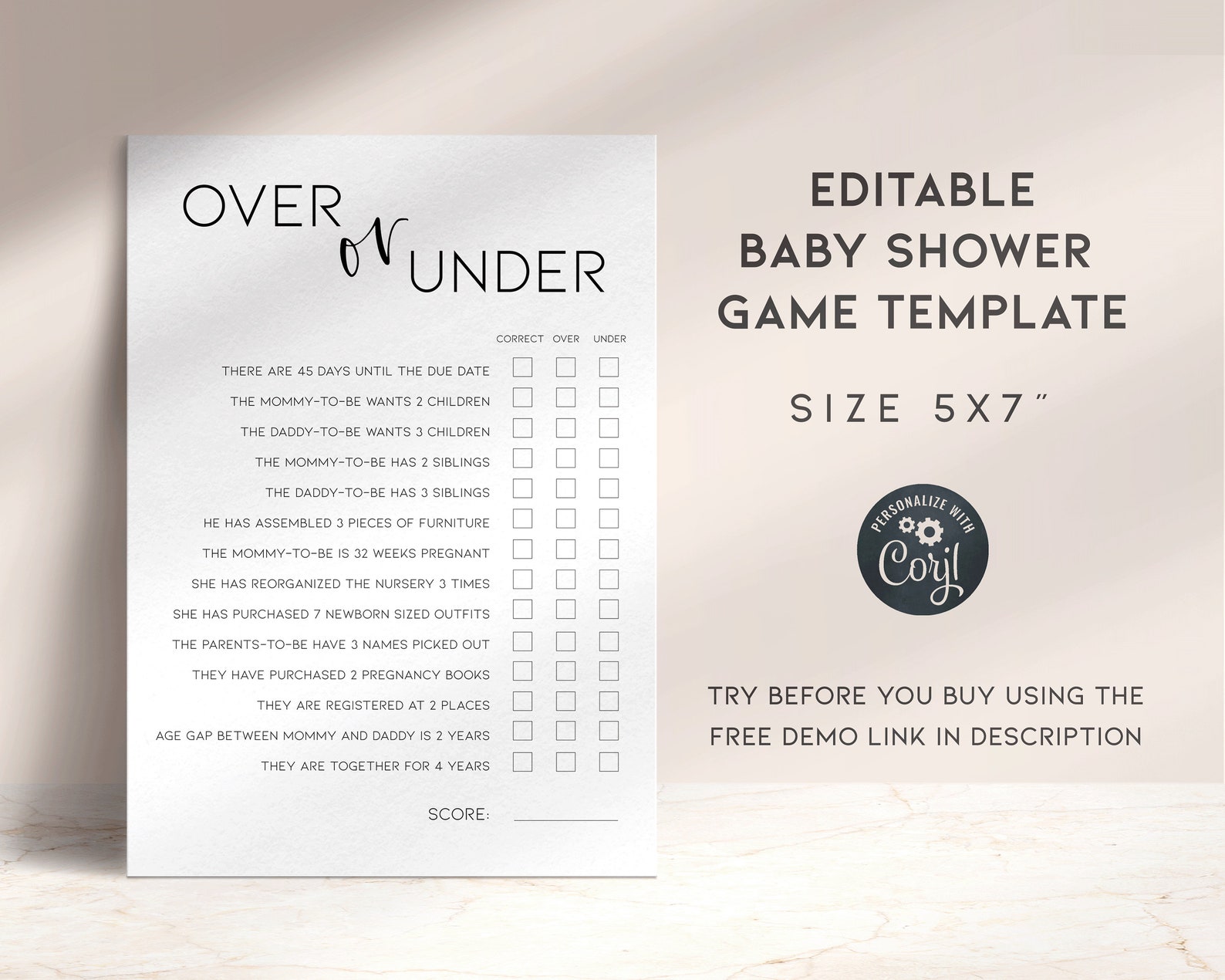 Minimalist Baby Shower Game Over or Under Trivia Printable, Modern Fun ...