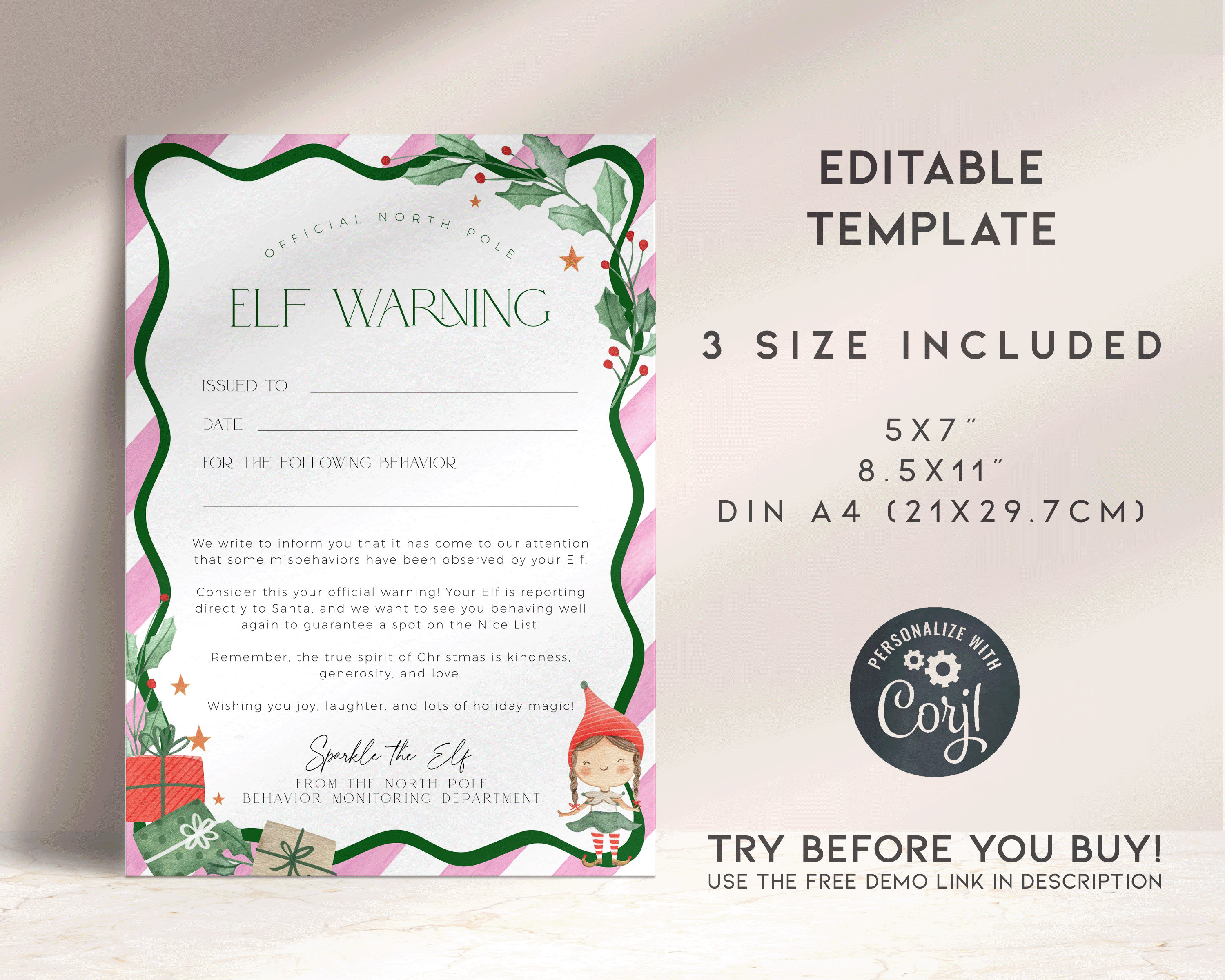 Elf Warning Letter PRINTABLE Pink Elf Report Card Girl - Etsy