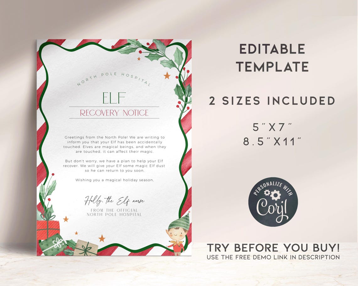 Elf Recovery Notice PRINTABLE, Editable Official Santa Claus Hospital ...