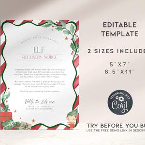 Elf Recovery Notice PRINTABLE, Editable Official Santa Claus Hospital ...