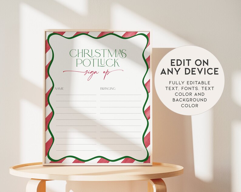 Potluck Sign up Sheet Printable Christmas, Editable Food Bringing List ...