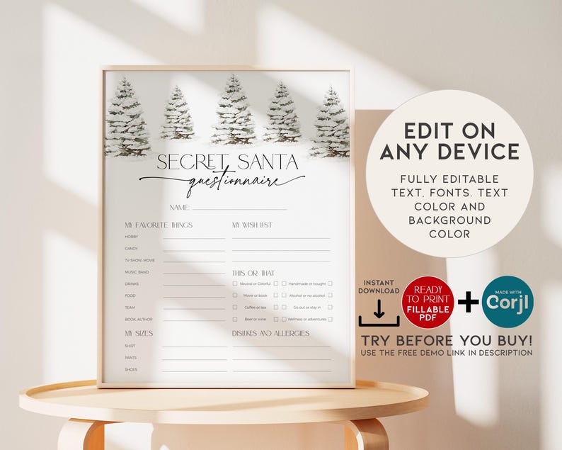 Secret Santa Questionnaire Template, Printable Office Christmas Party ...