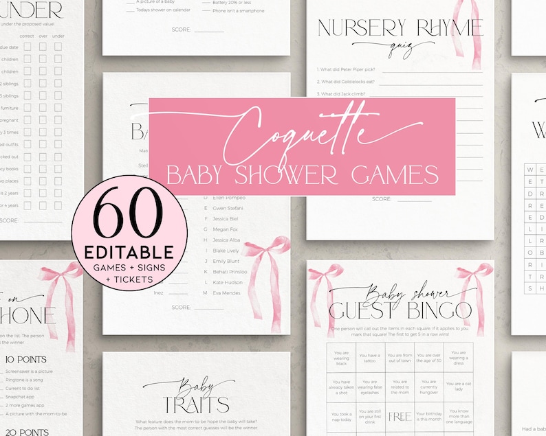 Pink Bow Baby Shower Games Bundle PRINTABLE, Editable Coquette Blush Ribbon Activity Pack ...