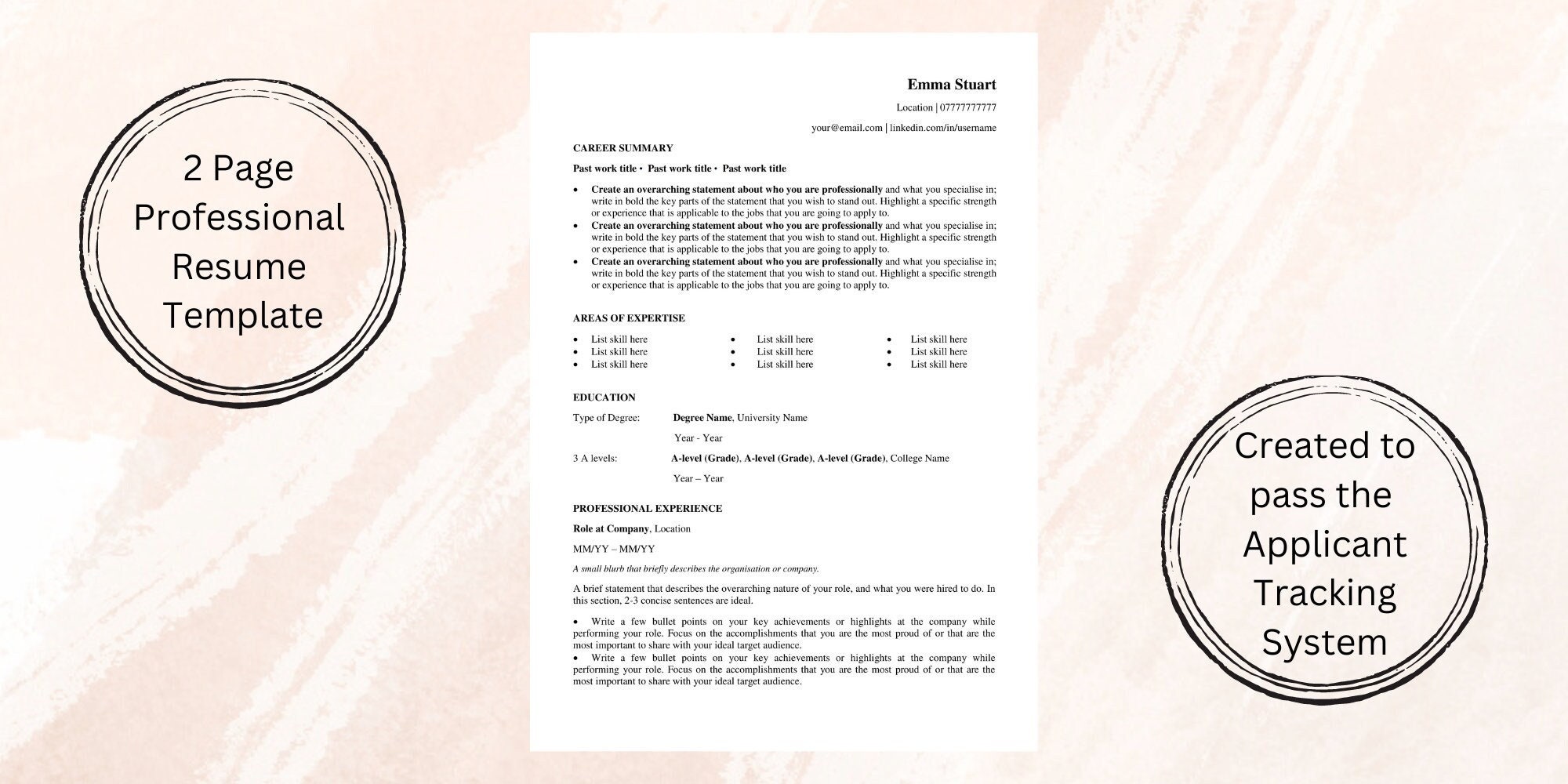 Professional Resume Template, CV Template, Filled Out Example of ...
