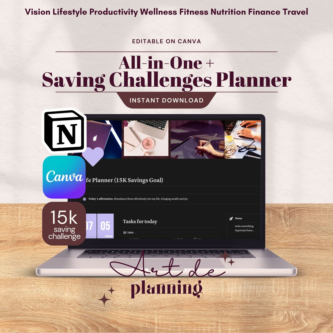 All in One Notion Life & Business Planner Saving Challenges 15k Dark ...