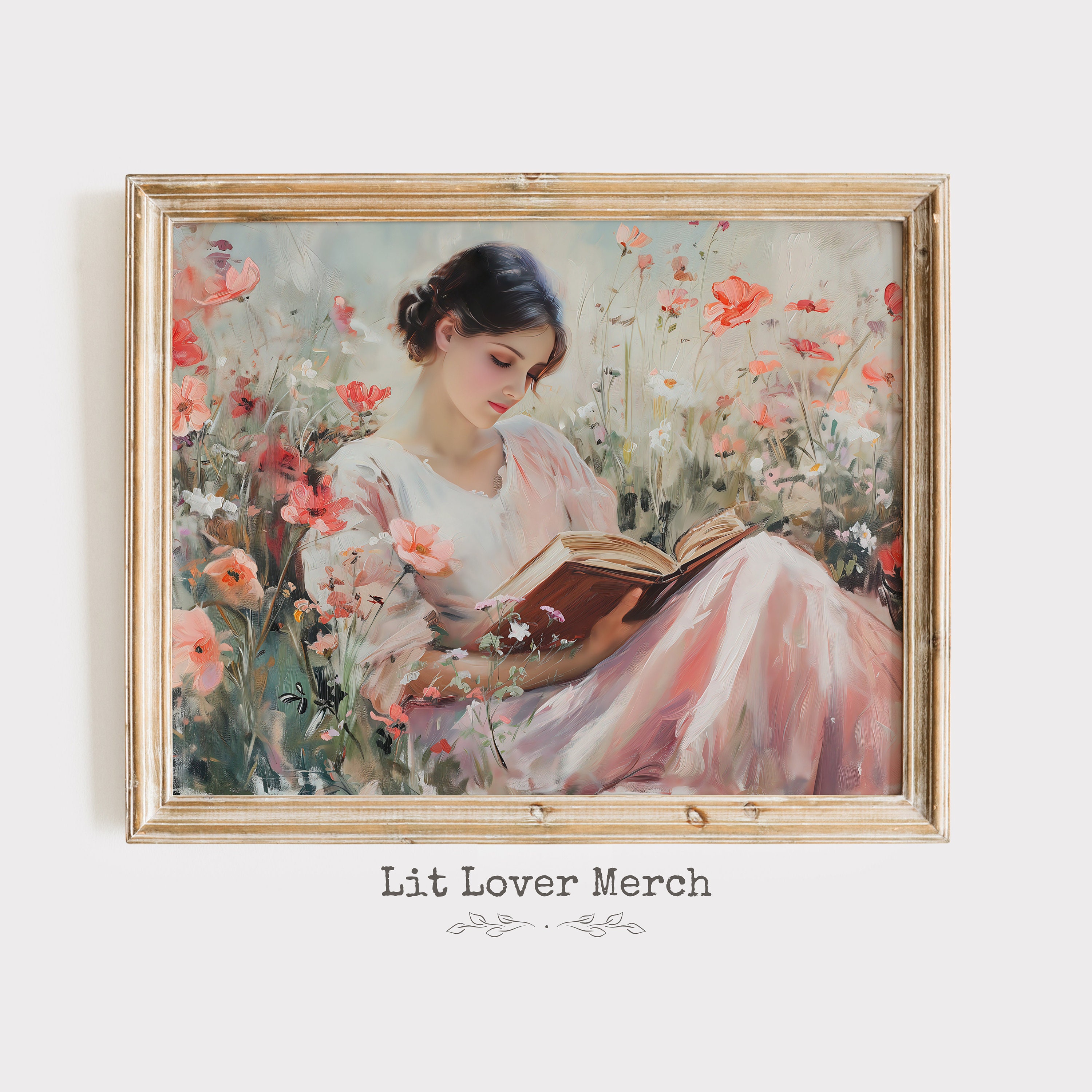 Coquette Wall Art Woman Reading in Field of Wildflowers, Vintage Pink ...