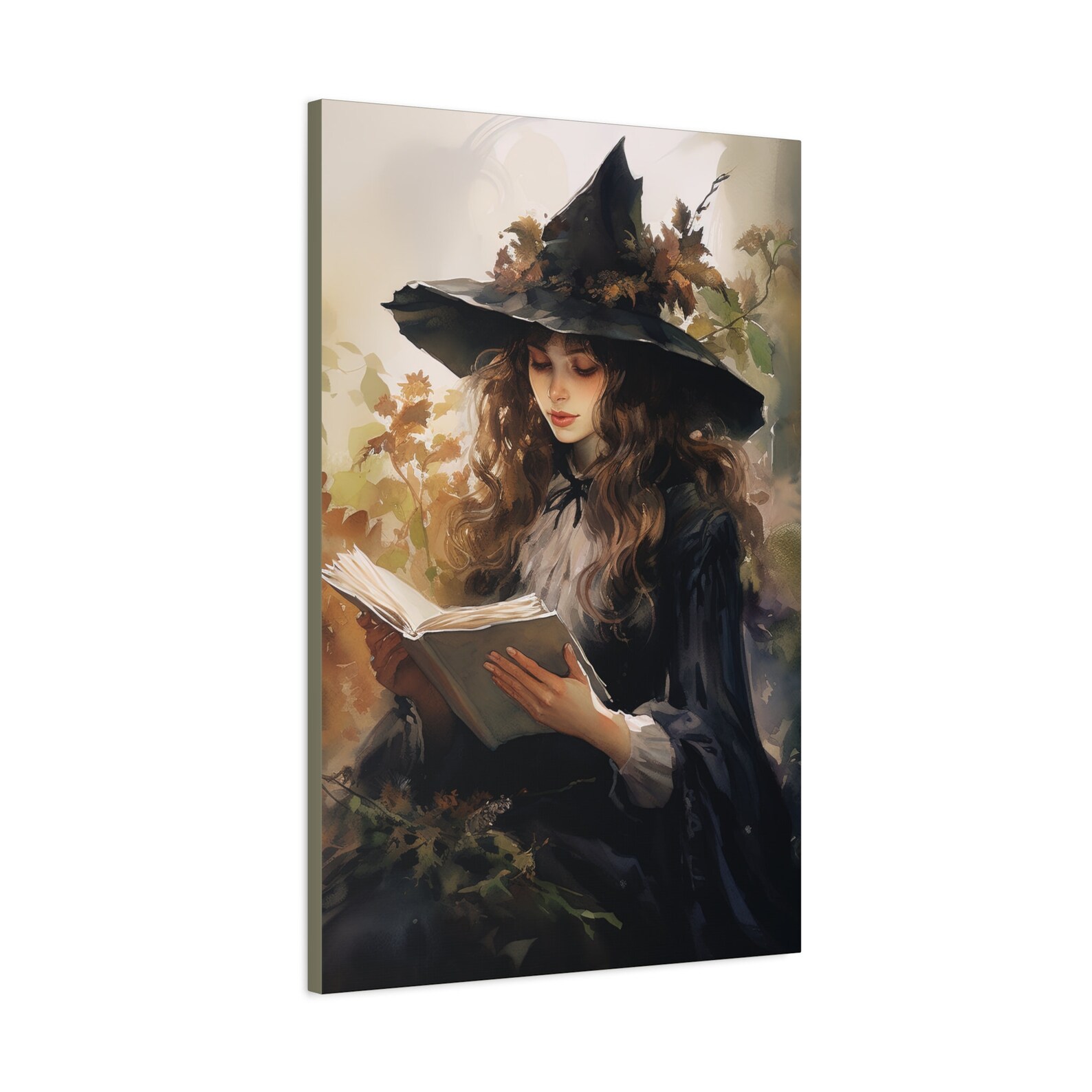 Whimsigoth Witch Reading in Magical Autumn Forest Watercolor Canvas ...
