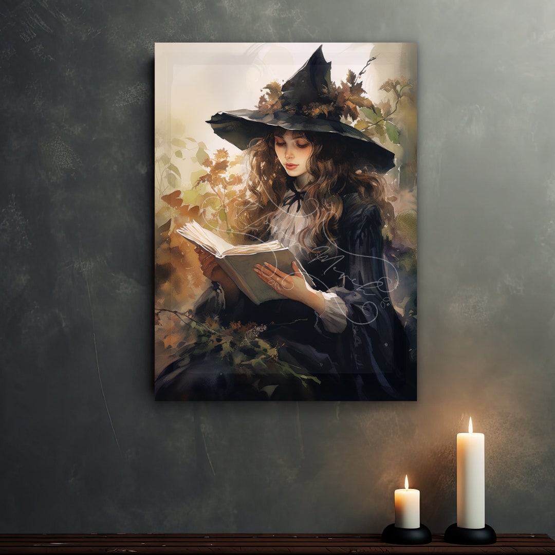 Whimsigoth Witch Reading in Magical Autumn Forest Watercolor Canvas ...