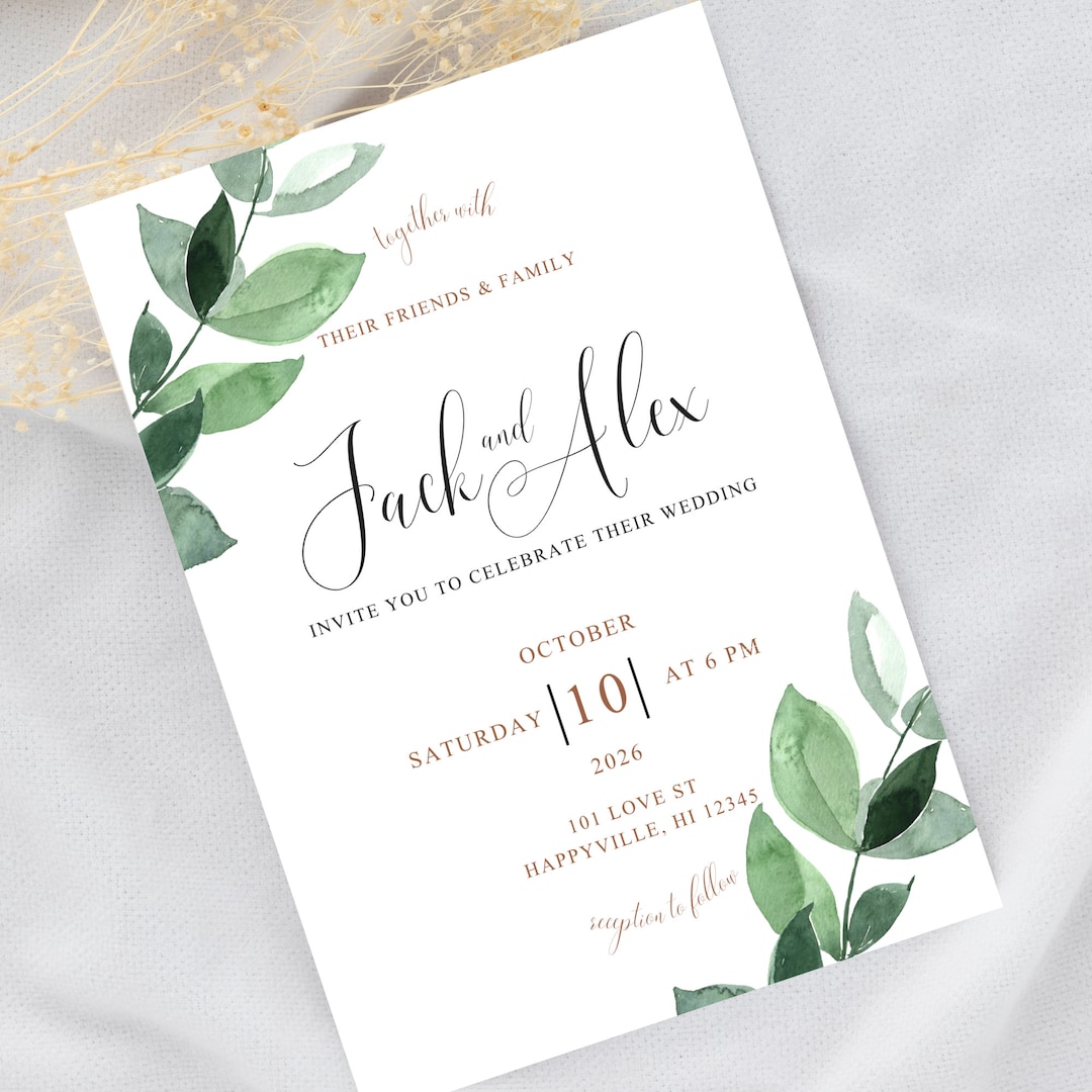 Greenery Wedding Invitation Template, INSTANT DOWNLOAD, Editable and ...