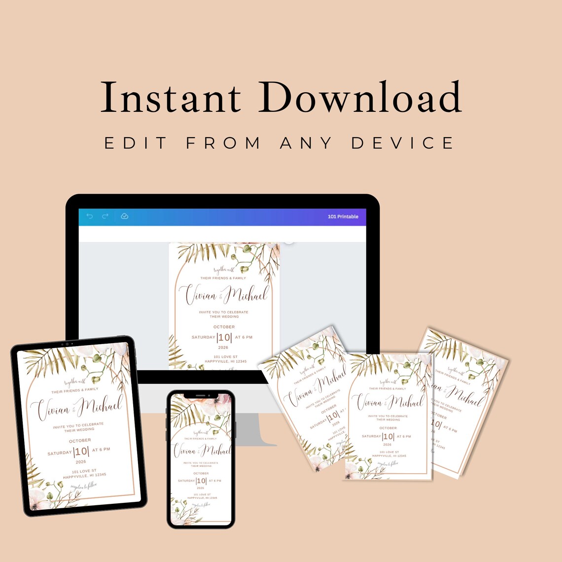 Boho Floral Wedding Invitation, INSTANT DOWNLOAD, Editable and ...