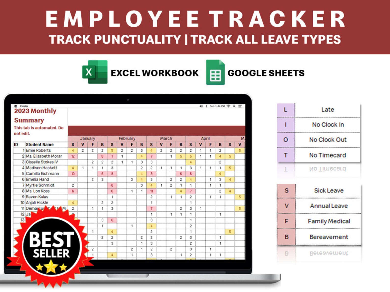 Employee Attendance Tracker, Leave Tracker, Punctuality Tracker, Excel ...