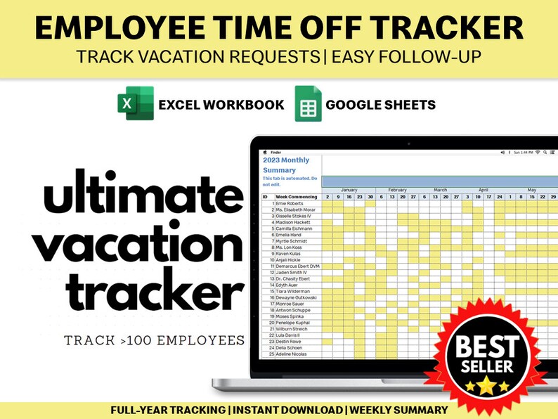 Google Sheets and Excel Employee Time off Tracker | Vacation Tracker ...