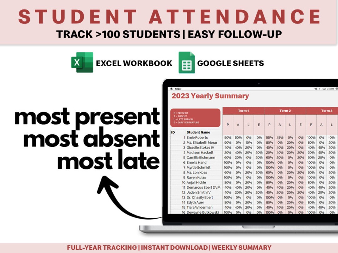 School Student Attendance | Daily Attendance Spreadsheet | Absence ...