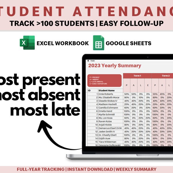 Excel Student Attendance Tracker - Etsy