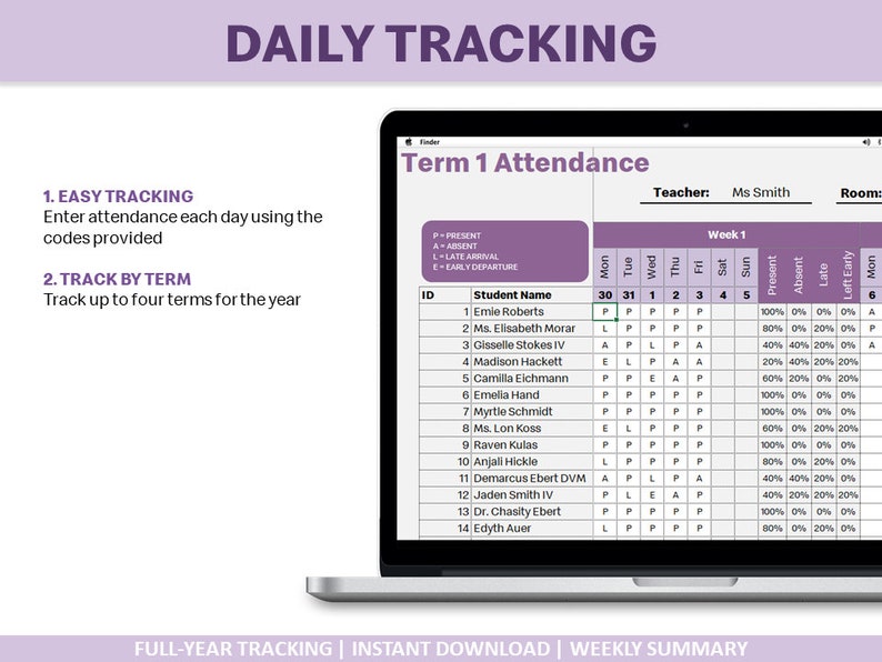 School Student Attendance | Daily Attendance Spreadsheet | Absence ...