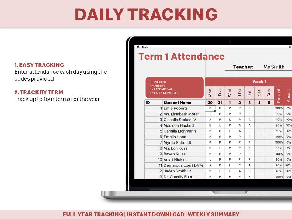 School Student Attendance Daily Attendance Spreadsheet Absence Tracker ...