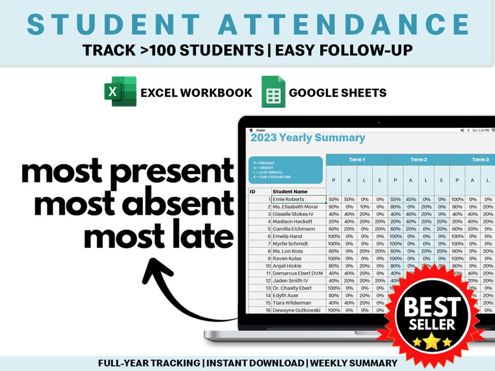 School Student Attendance | Daily Attendance Spreadsheet | Absence ...