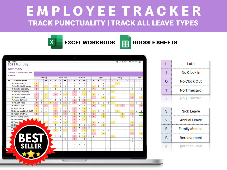 Employee Attendance Tracker, Leave Tracker, Punctuality Tracker, Excel ...