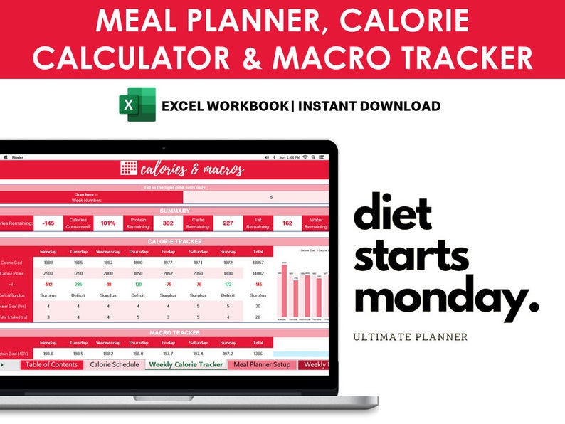 Calorie Calculator, Meal Plan Template, Macro Calorie Food Tracker ...