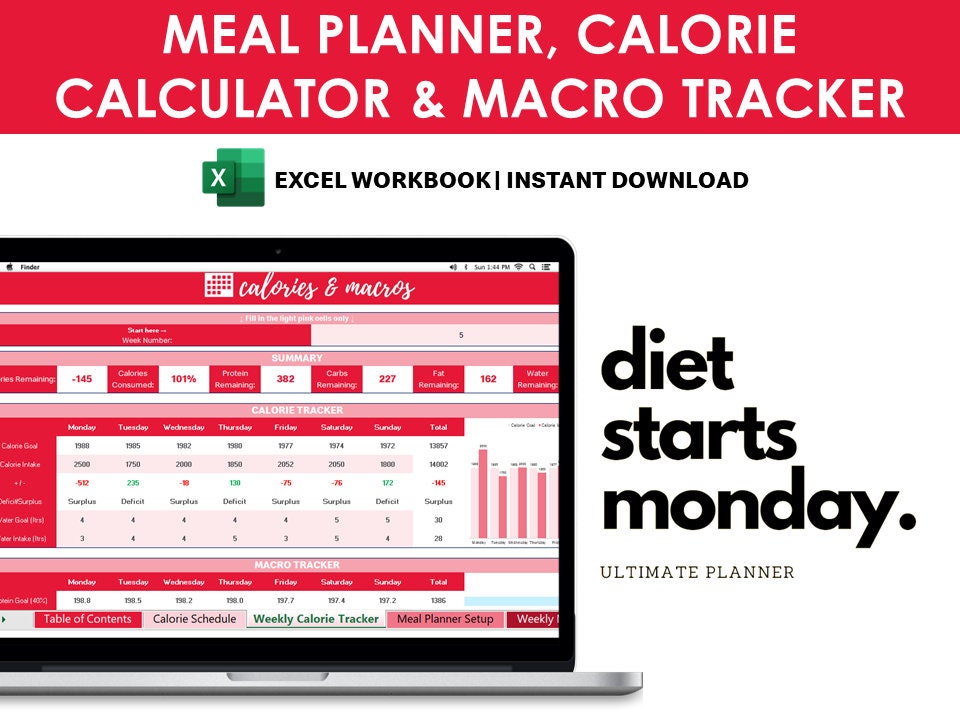 Calorie Calculator, Meal Plan Template, Macro Calorie Food Tracker ...