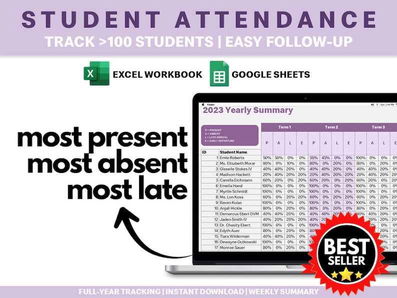 School Student Attendance | Daily Attendance Spreadsheet | Absence ...