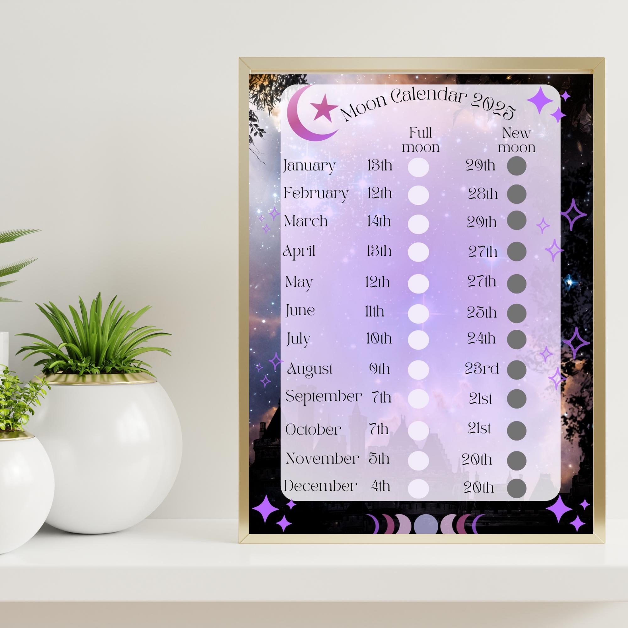 2025 Moon Phase Calendar New & Full Moon Digital Download Moon Phases ...