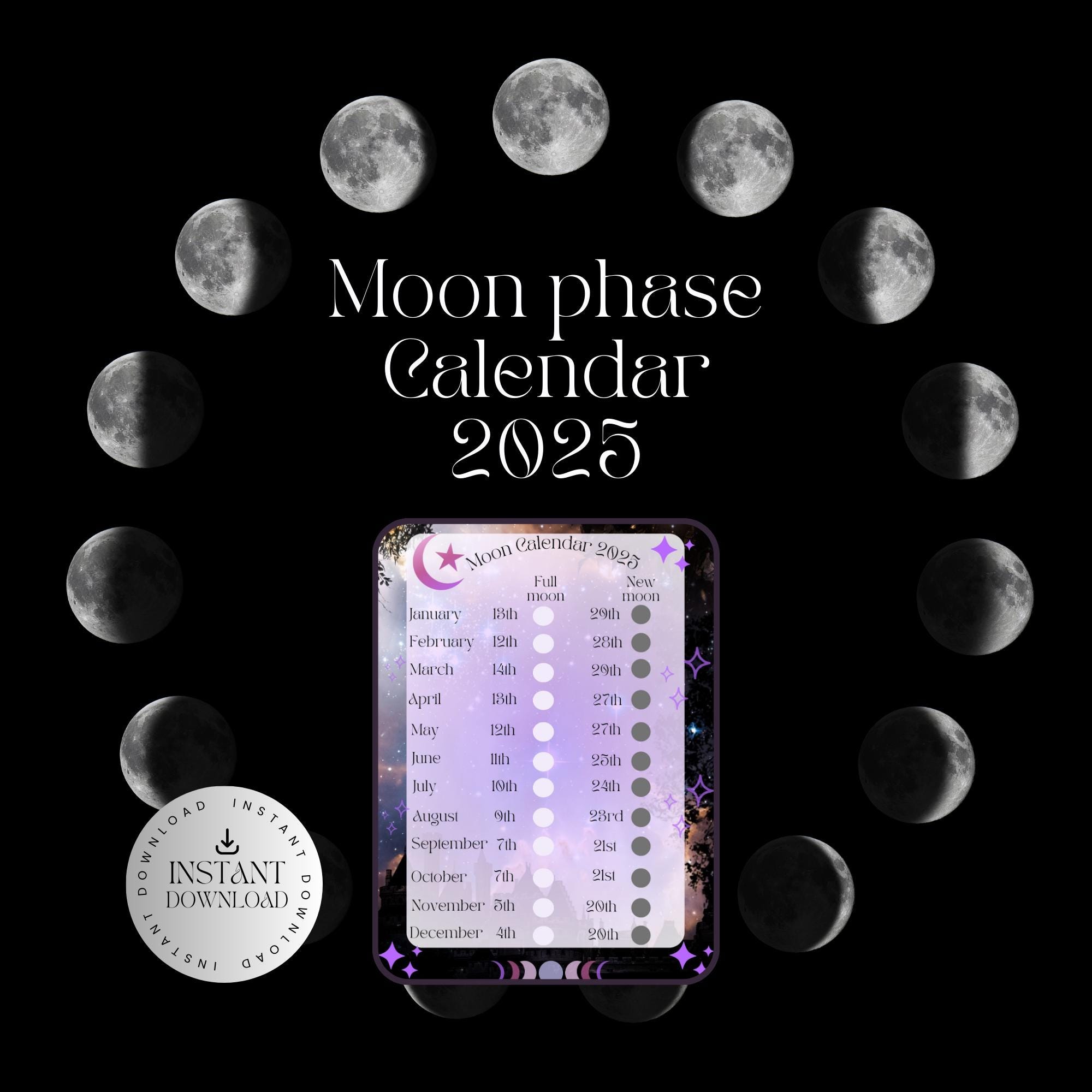 2025 Moon Phase Calendar New & Full Moon Digital Download Moon Phases ...